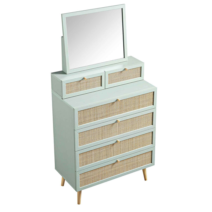Frances Woven Rattan Tall Vanity Chest with Mirror, Mint | daals