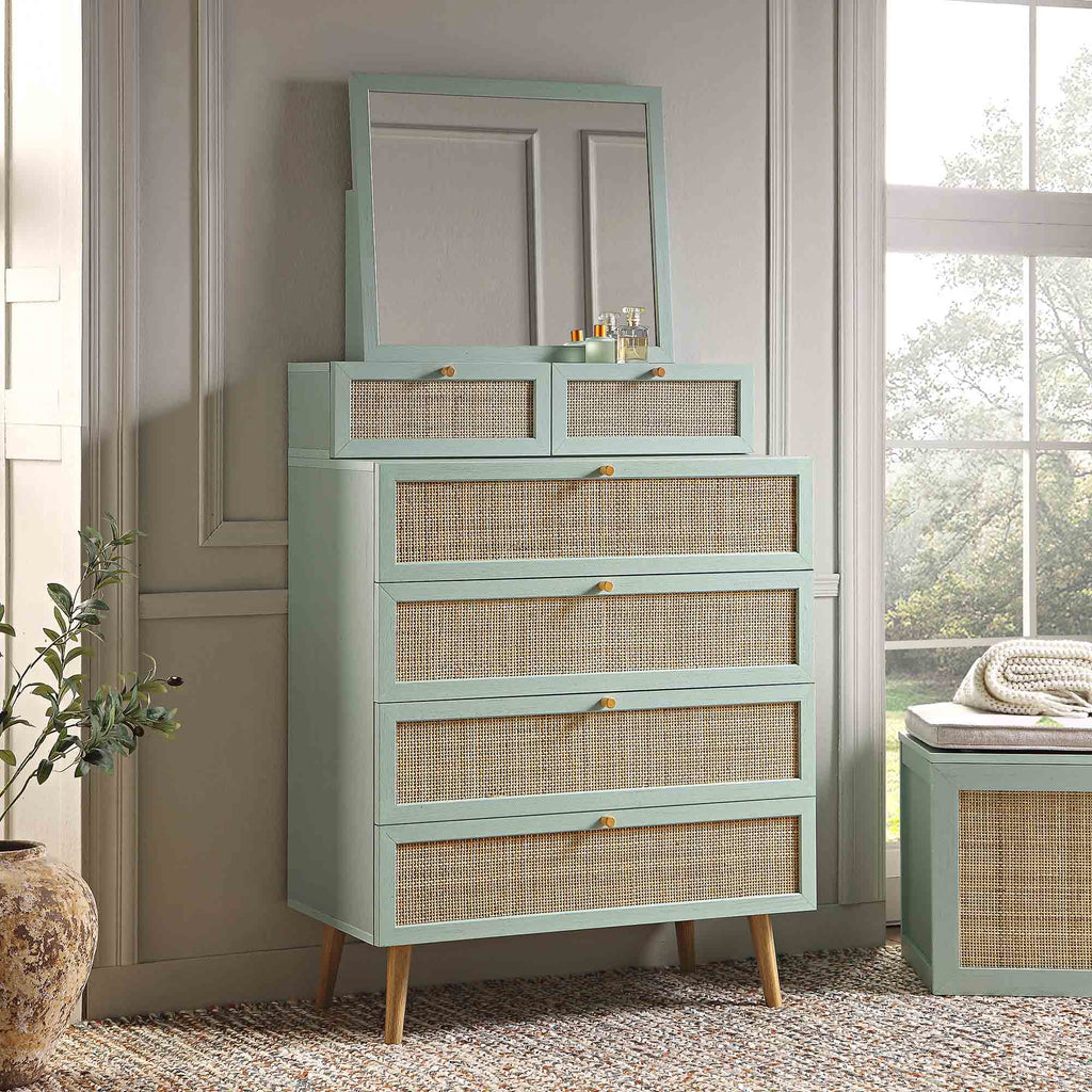 Frances Woven Rattan Tall Vanity Chest with Mirror, Mint | daals