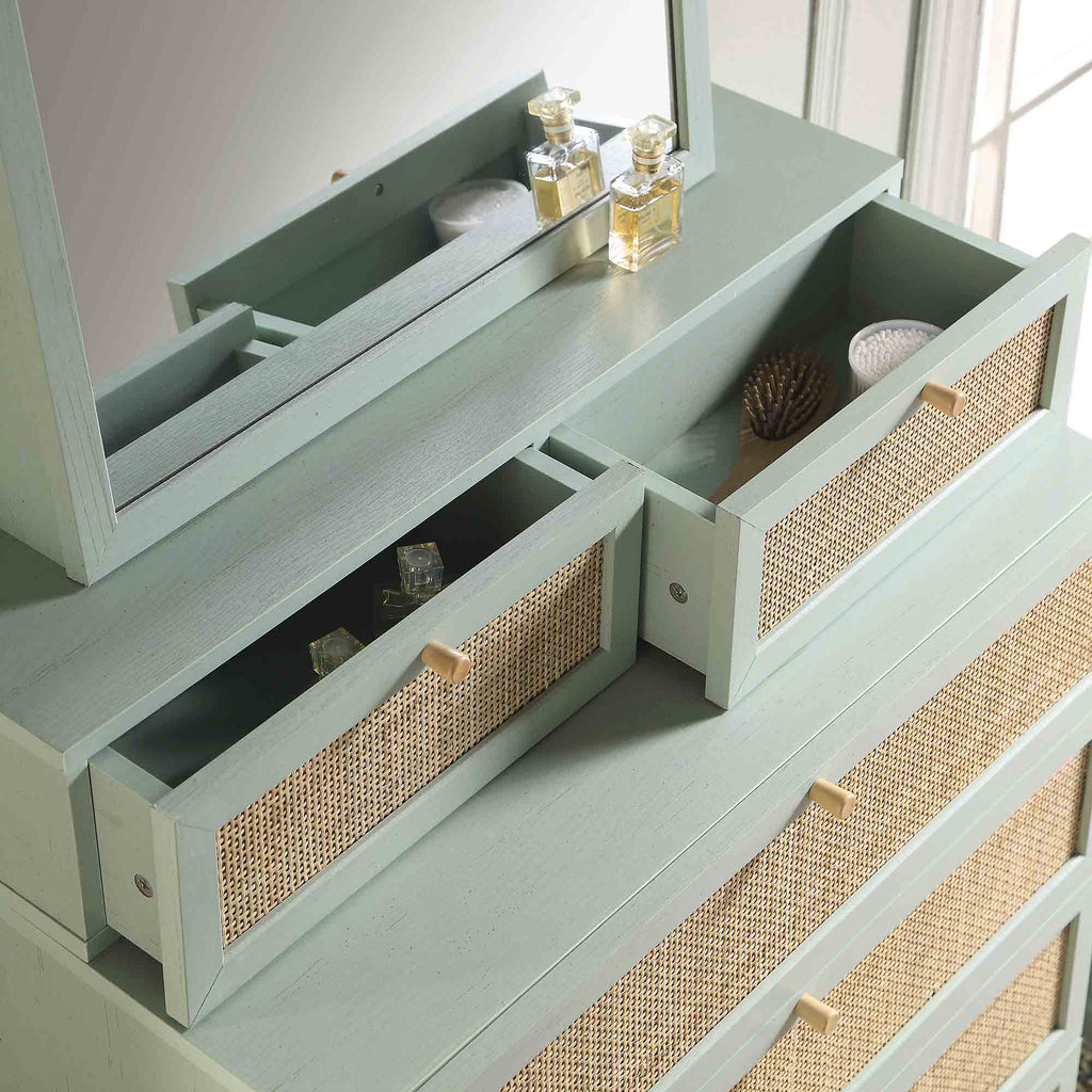 Frances Woven Rattan Tall Vanity Chest with Mirror, Mint | daals