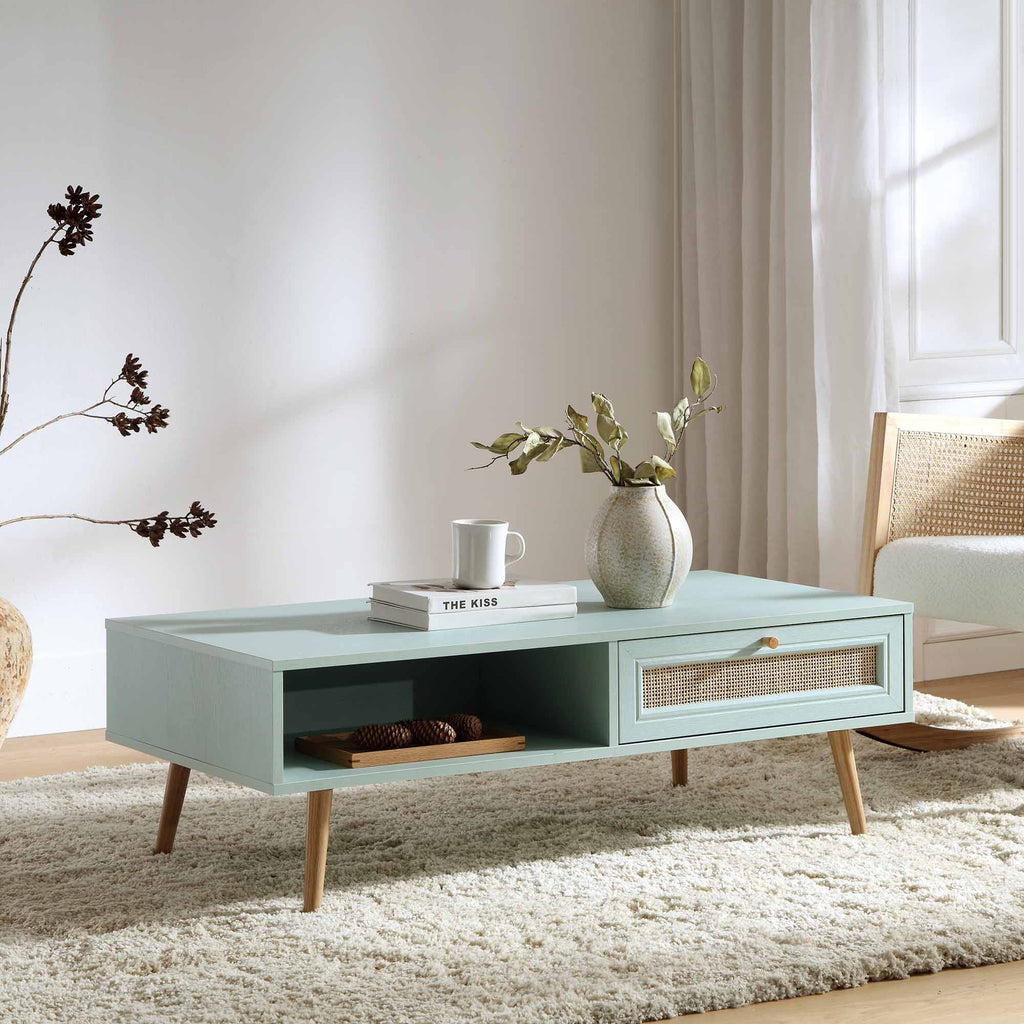 Frances Woven Rattan Wooden Coffee Table in Mint | daals