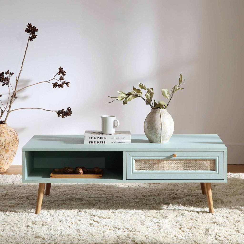 Frances Woven Rattan Wooden Coffee Table in Mint | daals
