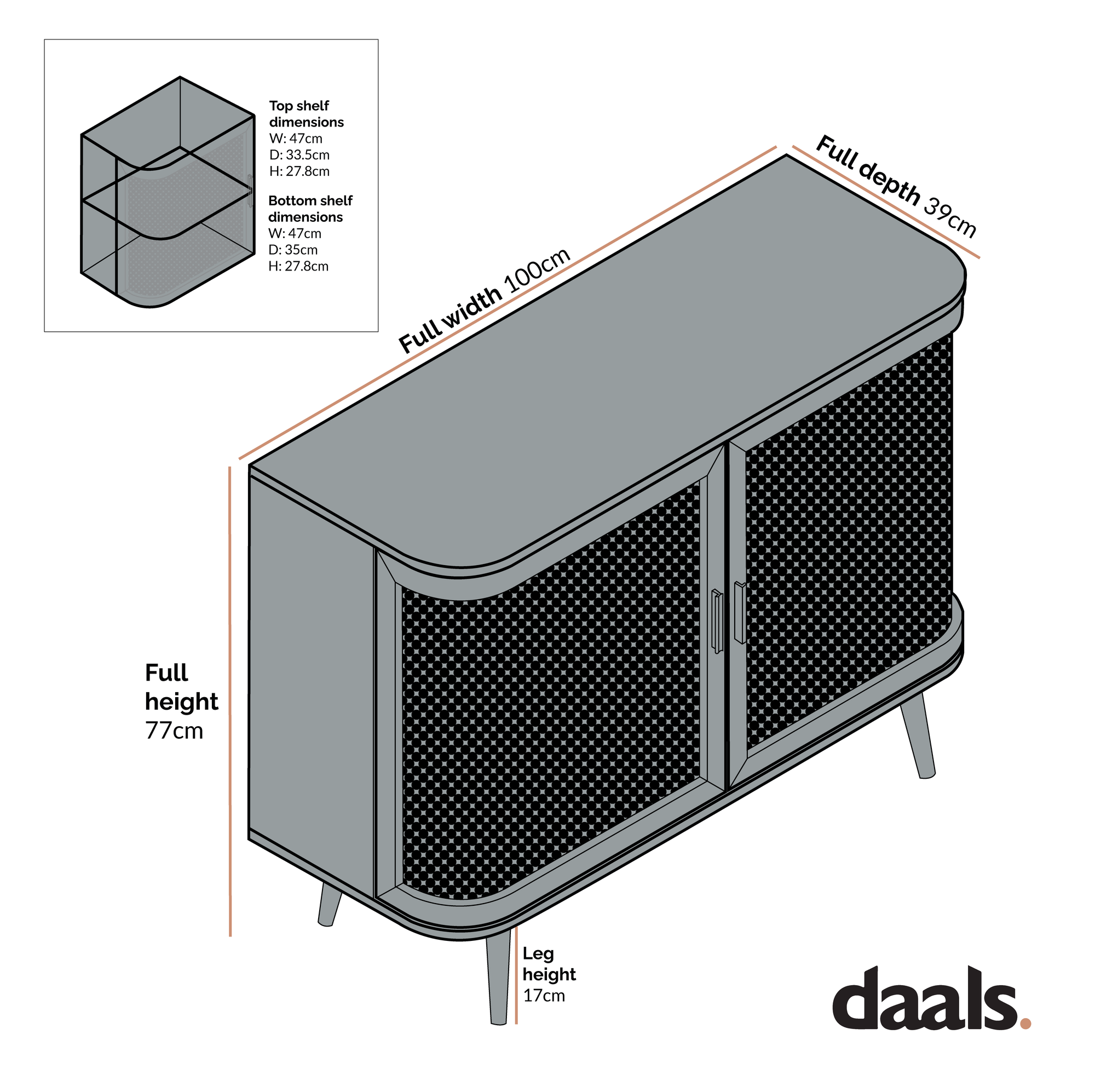 Izzy Curved Rattan 2-Door Small Sideboard, Natural | daals