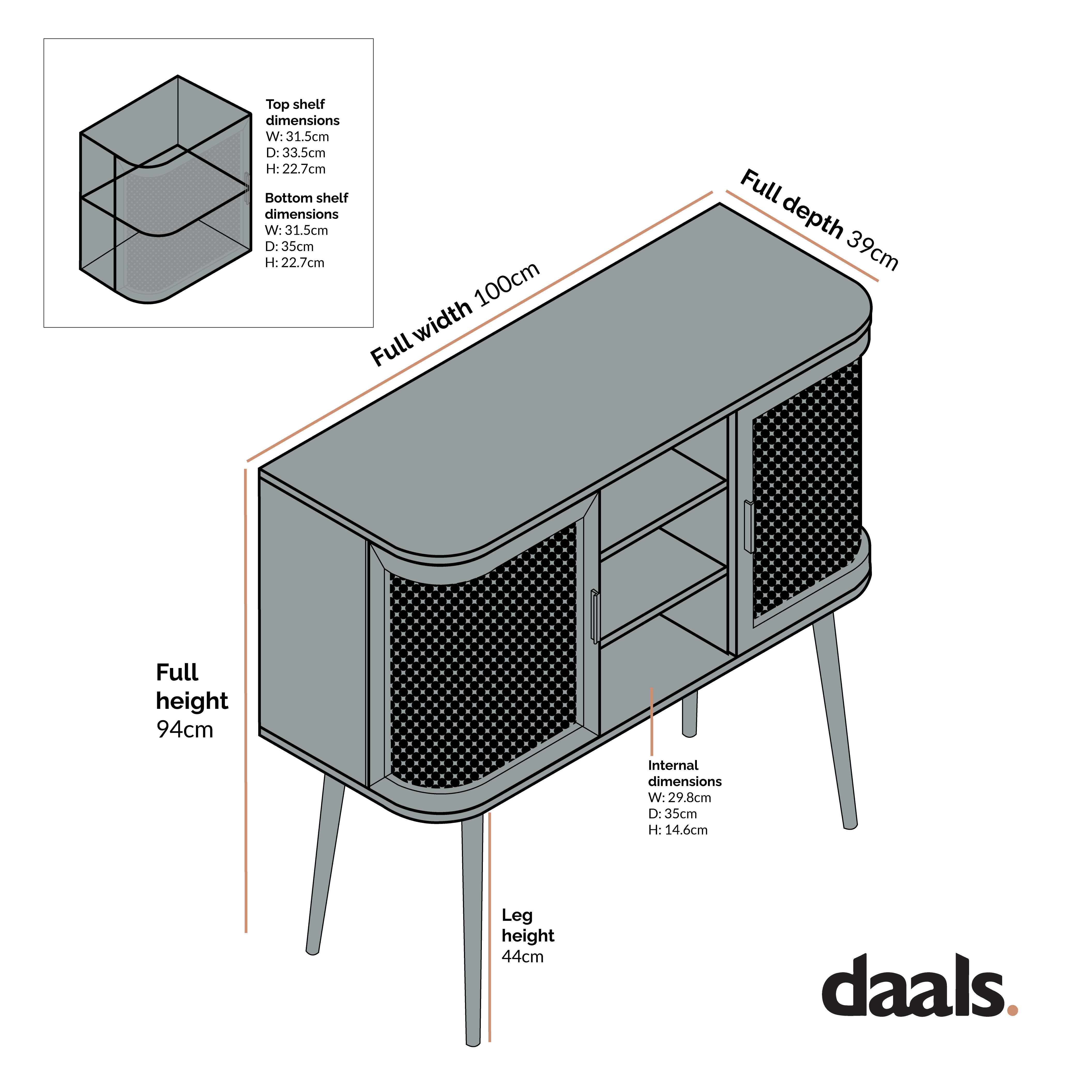 Izzy Curved Rattan 2-Door Buffet Sideboard, White | daals