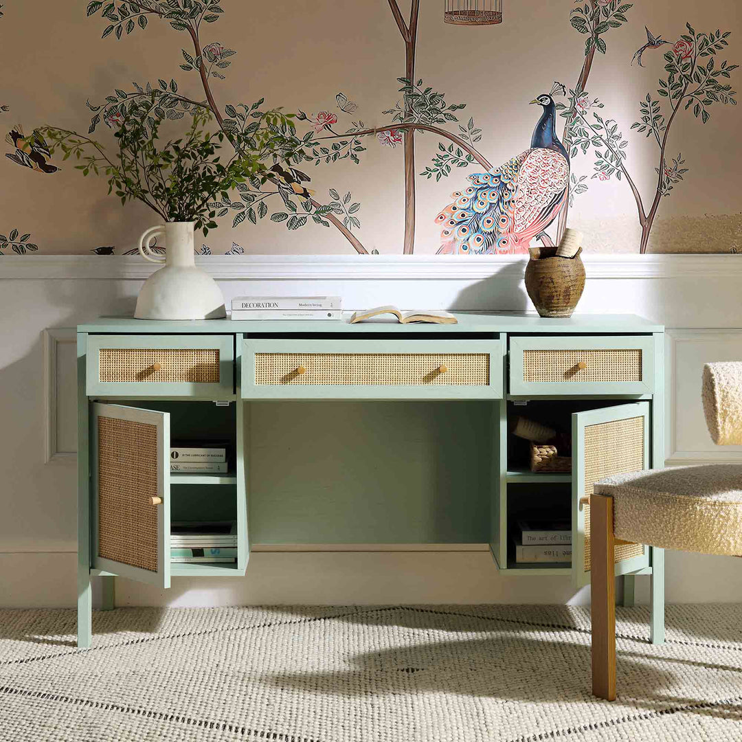 Frances Woven Rattan 3-Drawer Desk, Mint | daals