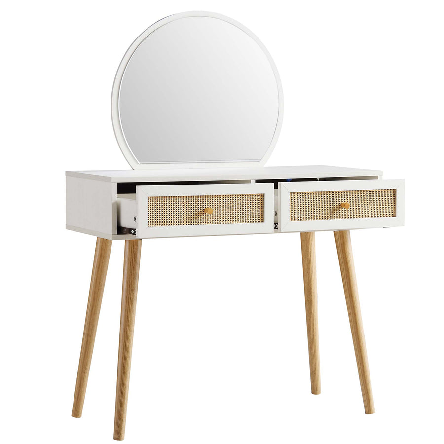 Frances Woven Rattan Dressing Table with Mirror, White | daals