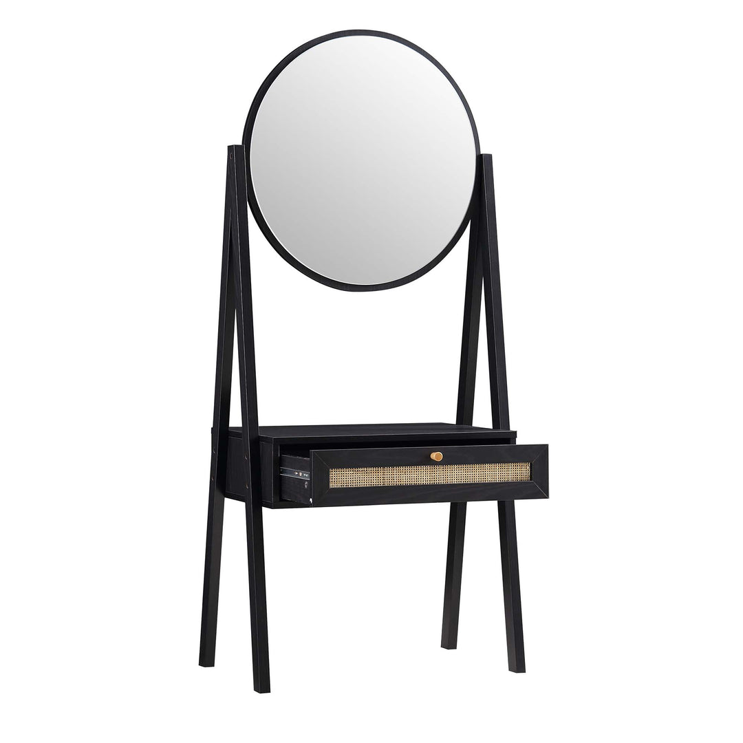 Frances Woven Rattan Standing Dressing Table with Mirror, Black | daals
