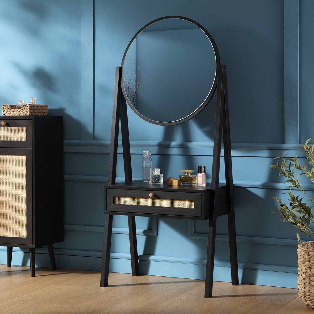 Frances Woven Rattan Standing Dressing Table with Mirror, Black | daals