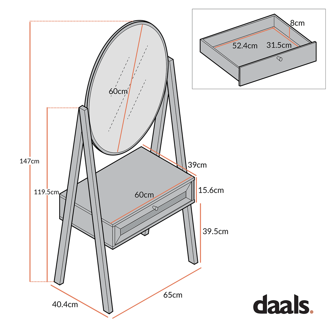 Frances Woven Rattan Standing Dressing Table with Mirror, Natural | daals