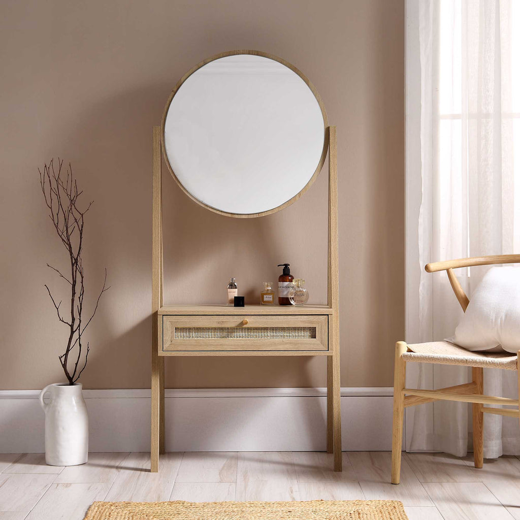 Frances Woven Rattan Standing Dressing Table with Mirror, Natural | daals