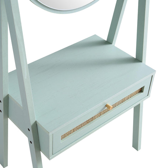 Frances Woven Rattan Standing Dressing Table with Mirror, Mint | daals