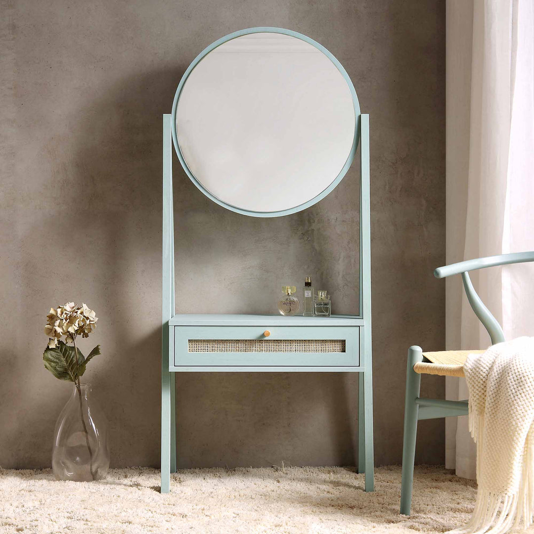 Frances Woven Rattan Standing Dressing Table with Mirror, Mint | daals