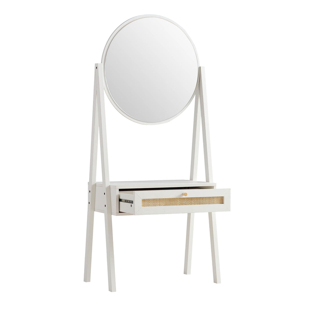Frances Woven Rattan Standing Dressing Table with Mirror, White | daals