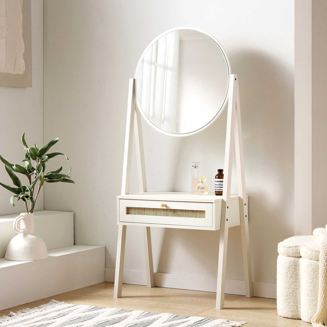 Frances Woven Rattan Standing Dressing Table with Mirror, White | daals