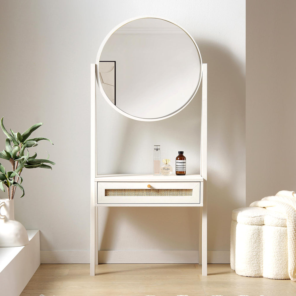 Frances Woven Rattan Standing Dressing Table with Mirror, White | daals