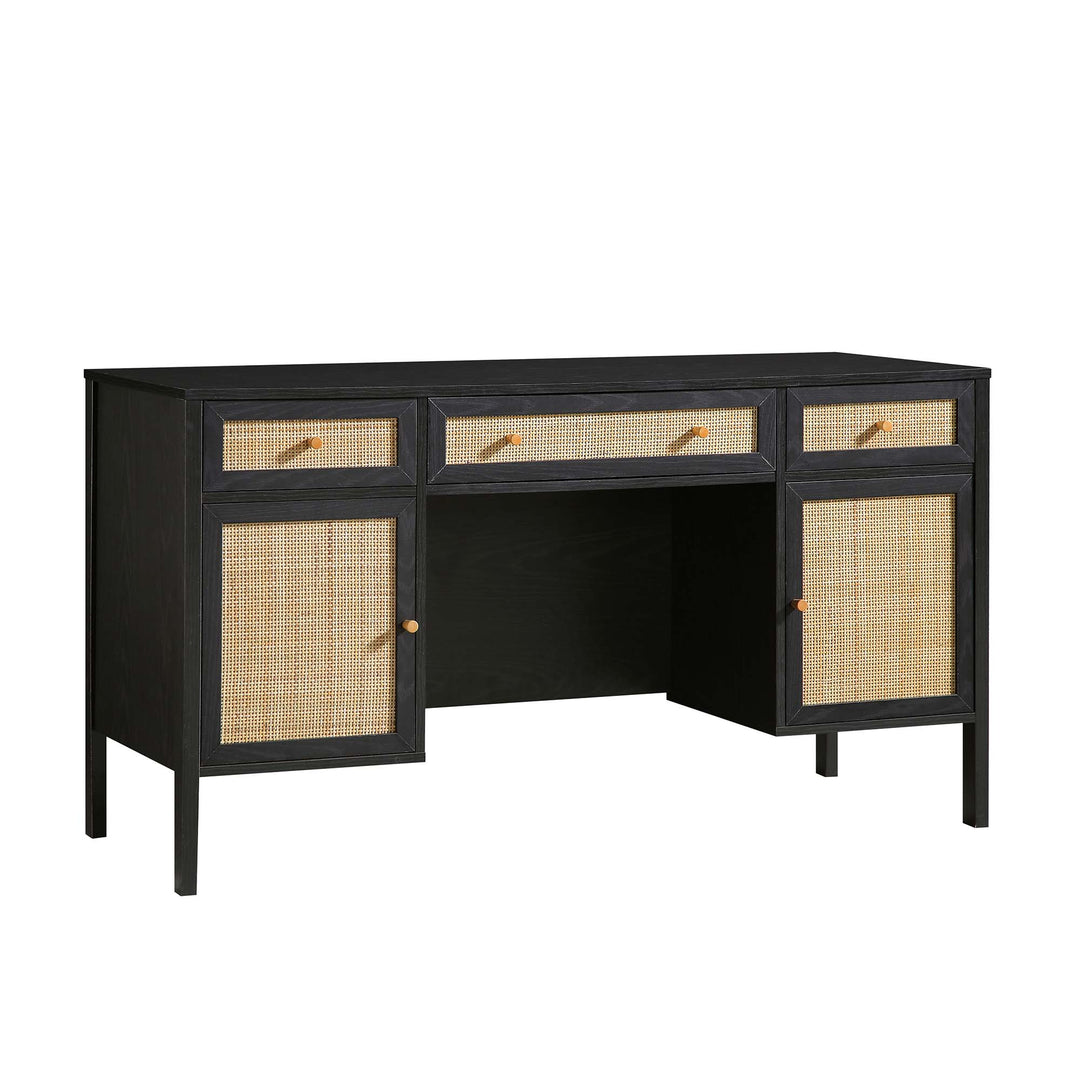Frances Woven Rattan 3-Drawer Desk, Black | daals