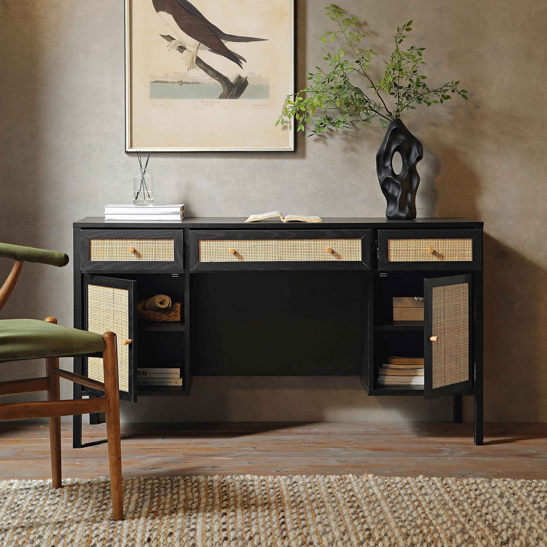 Frances Woven Rattan 3-Drawer Desk, Black | daals