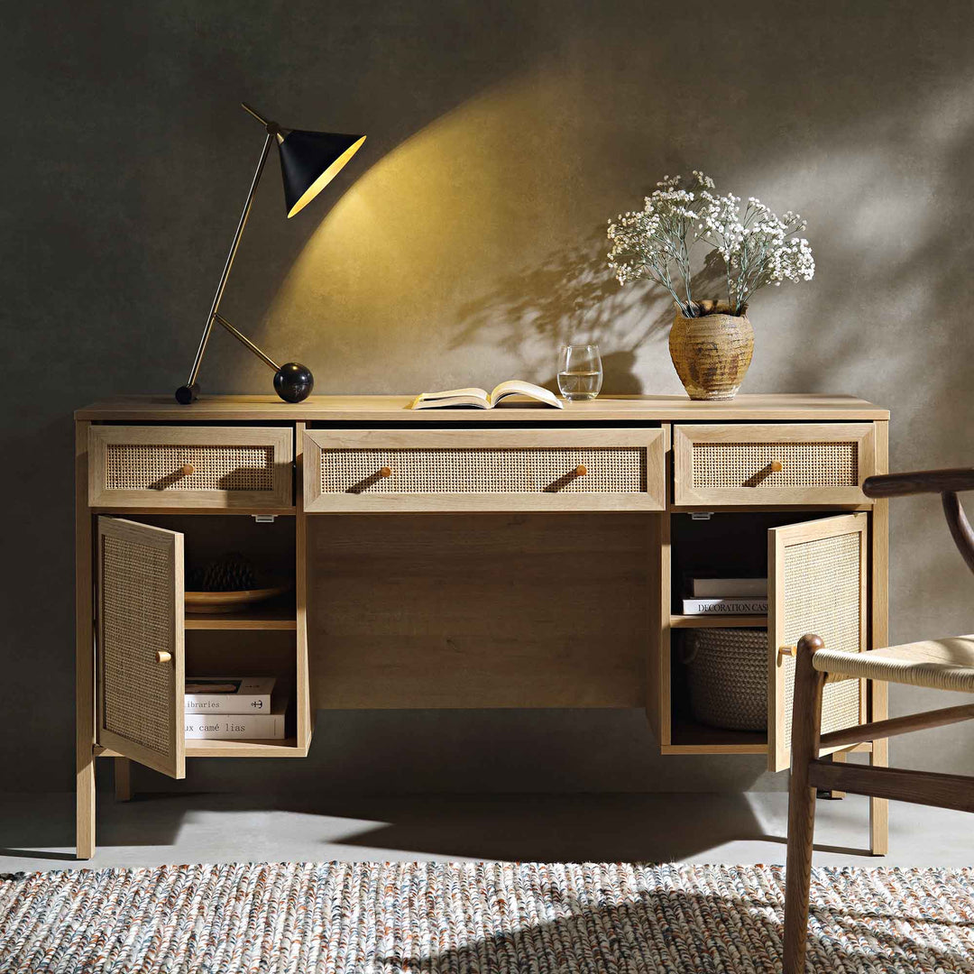 Frances Woven Rattan 3-Drawer Desk, Natural | daals