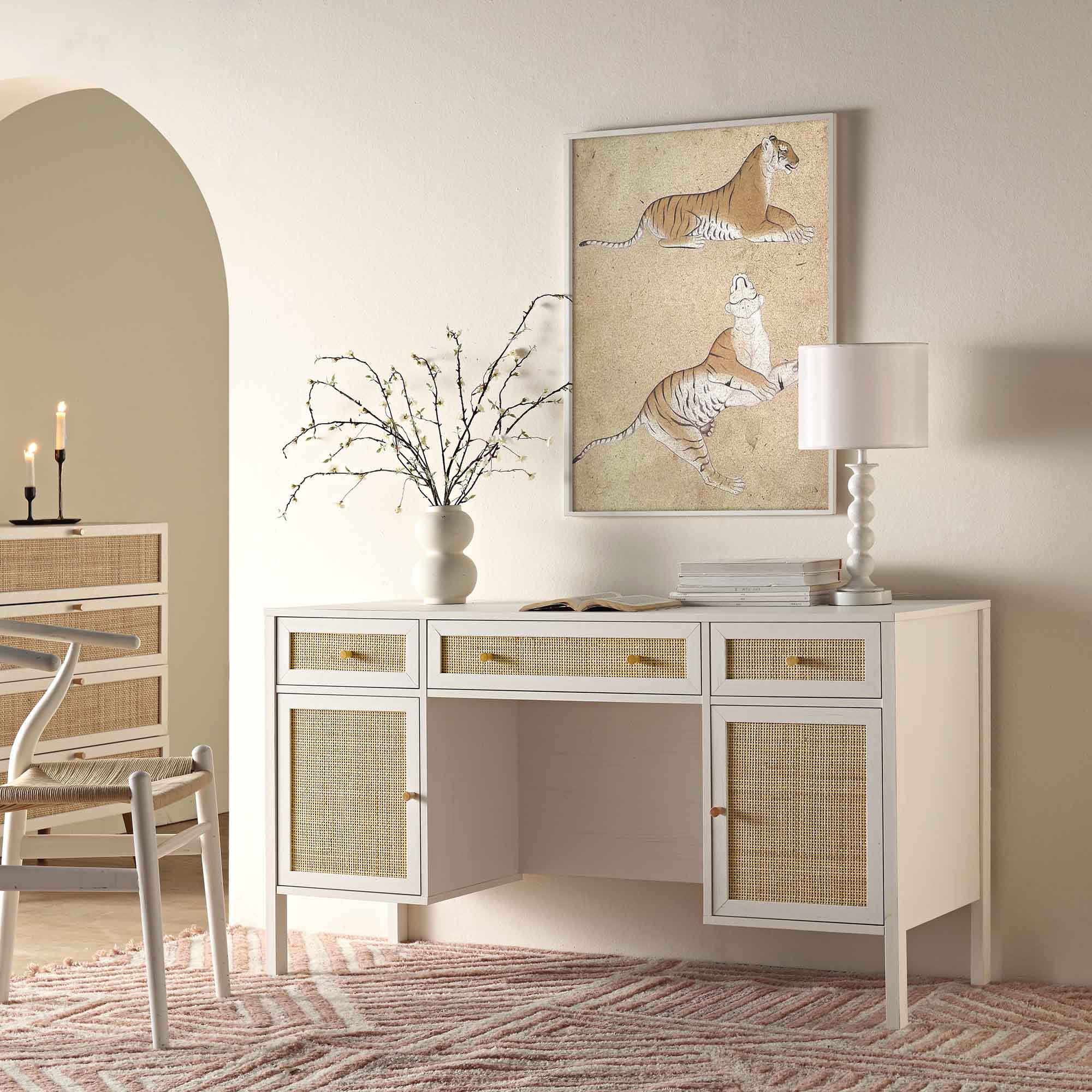 Frances Woven Rattan 3-Drawer Desk, White | daals