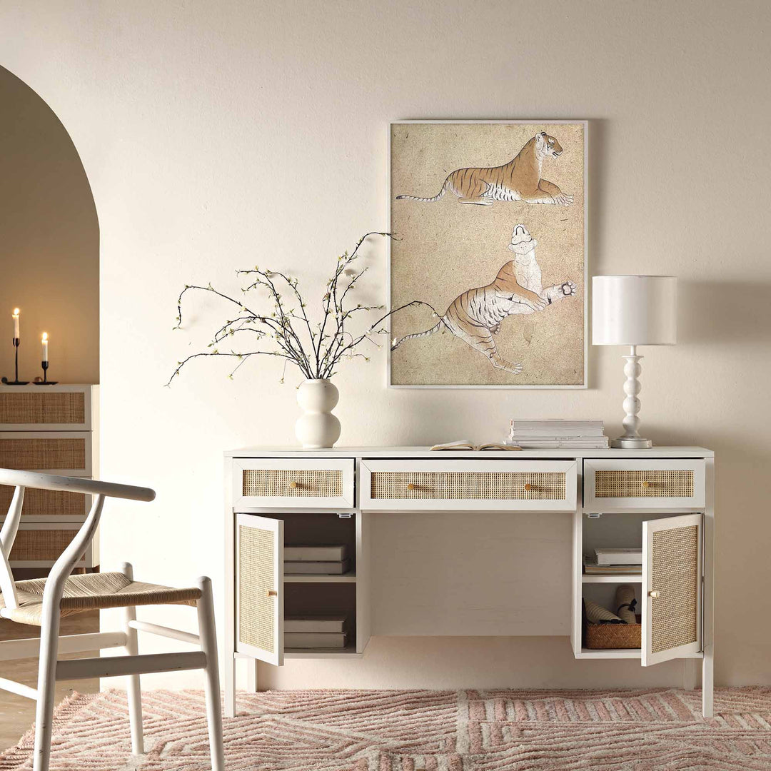 Frances Woven Rattan 3-Drawer Desk, White | daals
