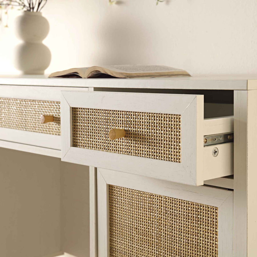 Frances Woven Rattan 3-Drawer Desk, White | daals