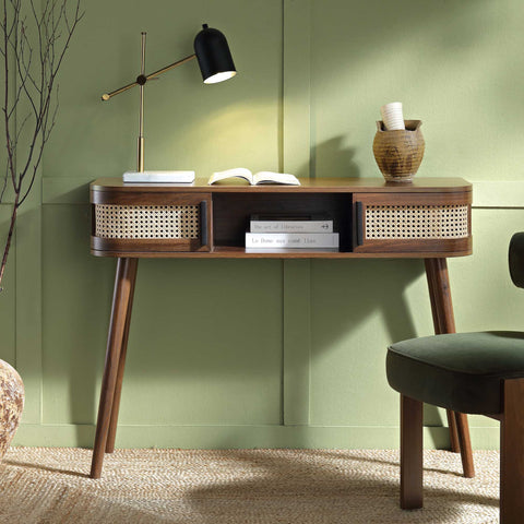 Izzy Curved Rattan 2-Door Table, Walnut | daals