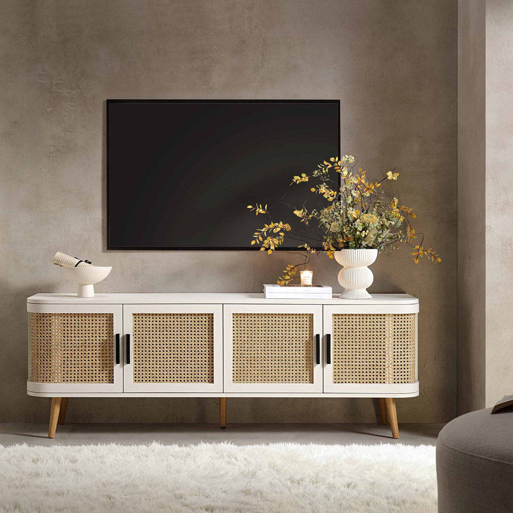 Izzy Curved Rattan 160cm Wide TV Unit, White | daals