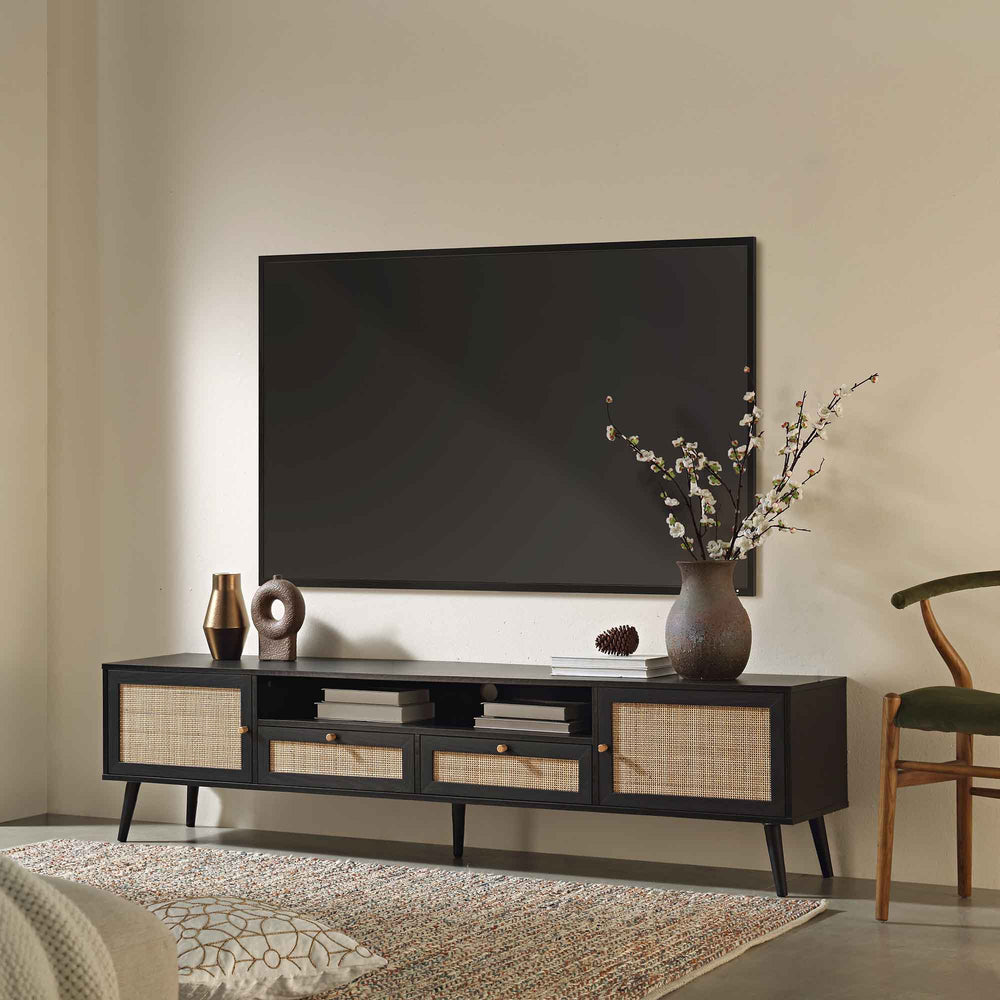 Frances Woven Rattan 200cm Wide TV Unit, Black | daals
