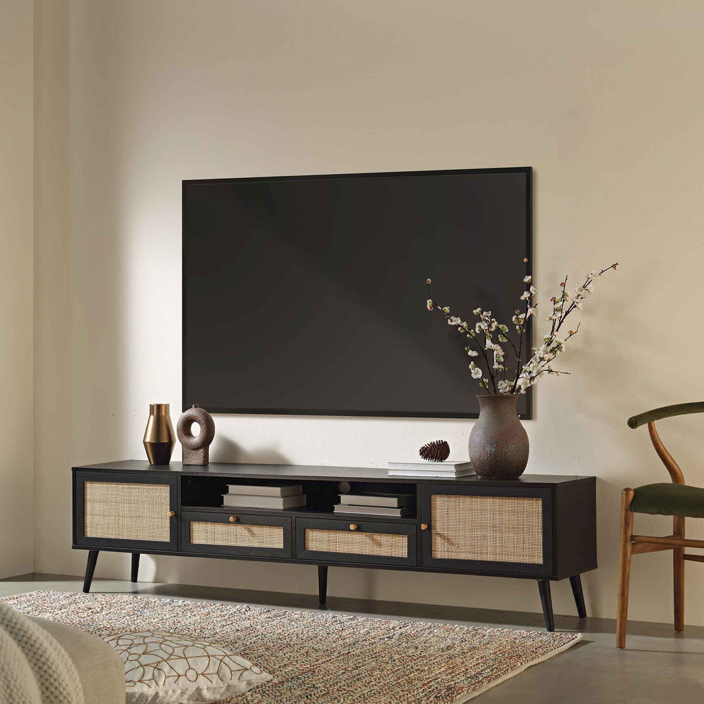 Frances Woven Rattan 200cm Wide TV Unit, Black | daals
