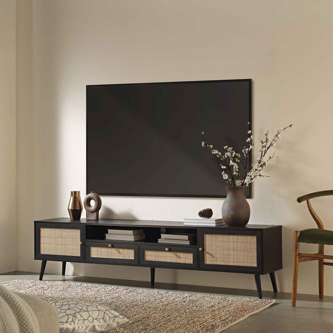 Frances Woven Rattan 200cm Wide TV Unit, Black | daals