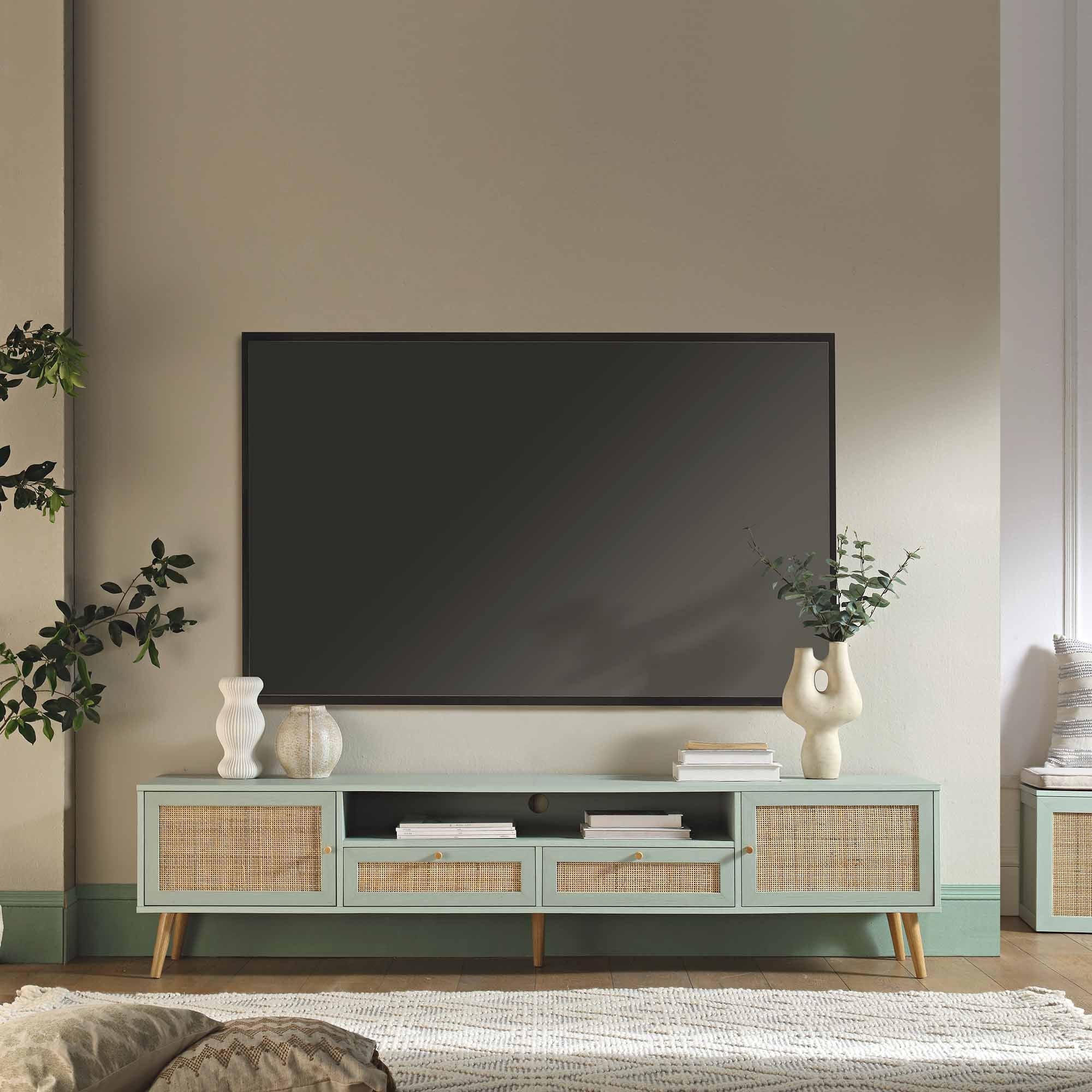 Frances Woven Rattan 200cm Wide TV Unit, Mint | daals