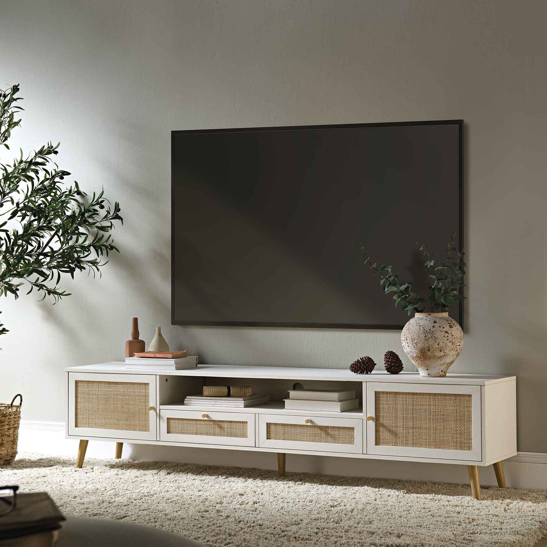 Frances Woven Rattan 200cm Wide TV Unit, White | daals