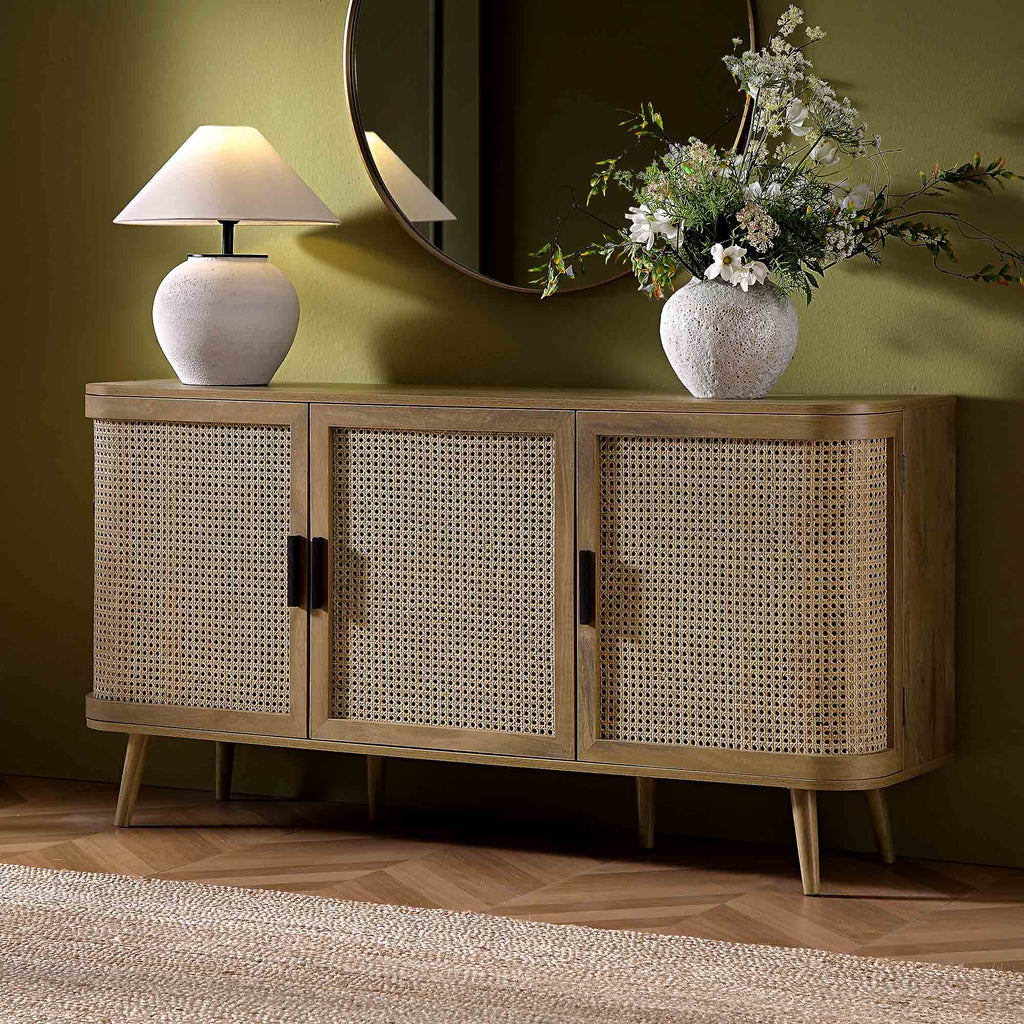 Izzy Curved Rattan Large 3-Door Sideboard, Natural | daals