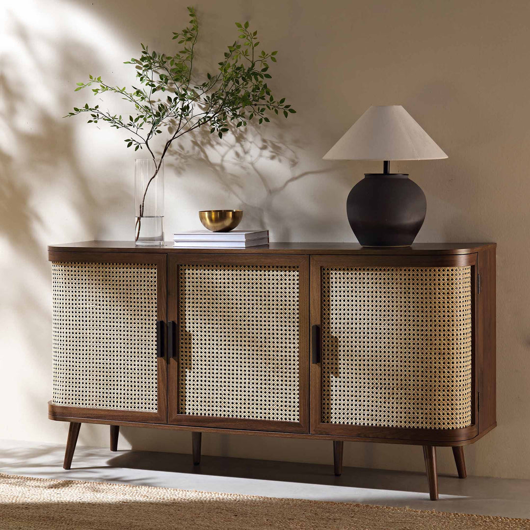 Izzy Curved Rattan Large 3-Door Sideboard, Walnut | daals
