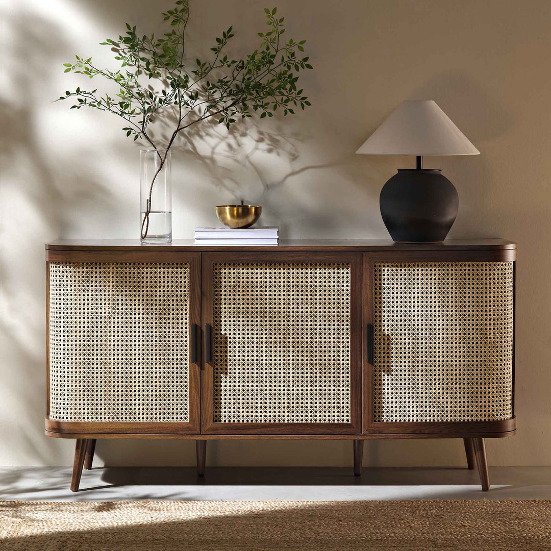 Izzy Curved Rattan Large 3-Door Sideboard, Walnut | daals