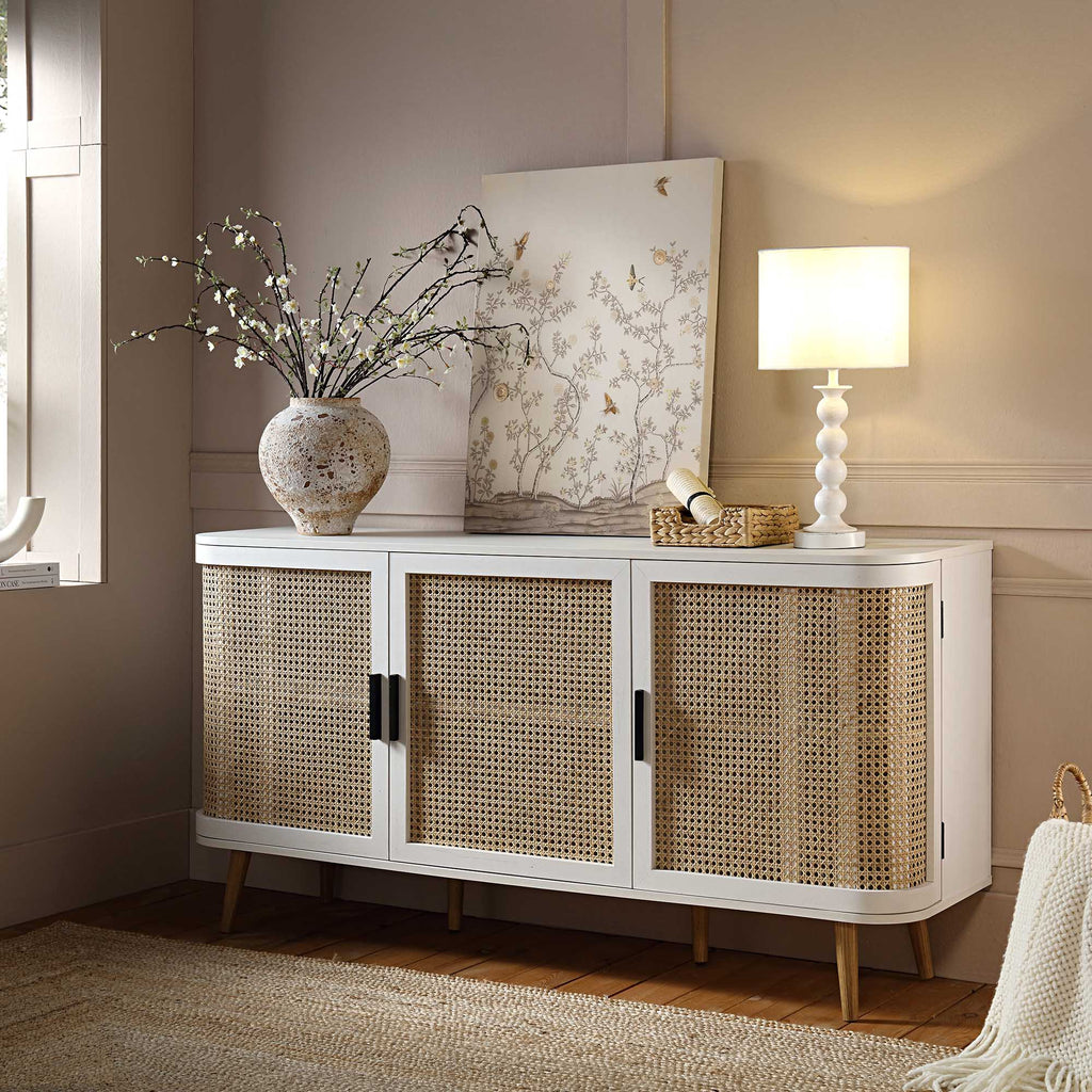 Izzy Curved Rattan Large 3-Door Sideboard, White | daals