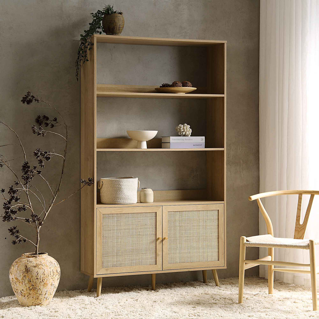 Frances Woven Rattan Tall Bookcase with Doors, Natural | daals