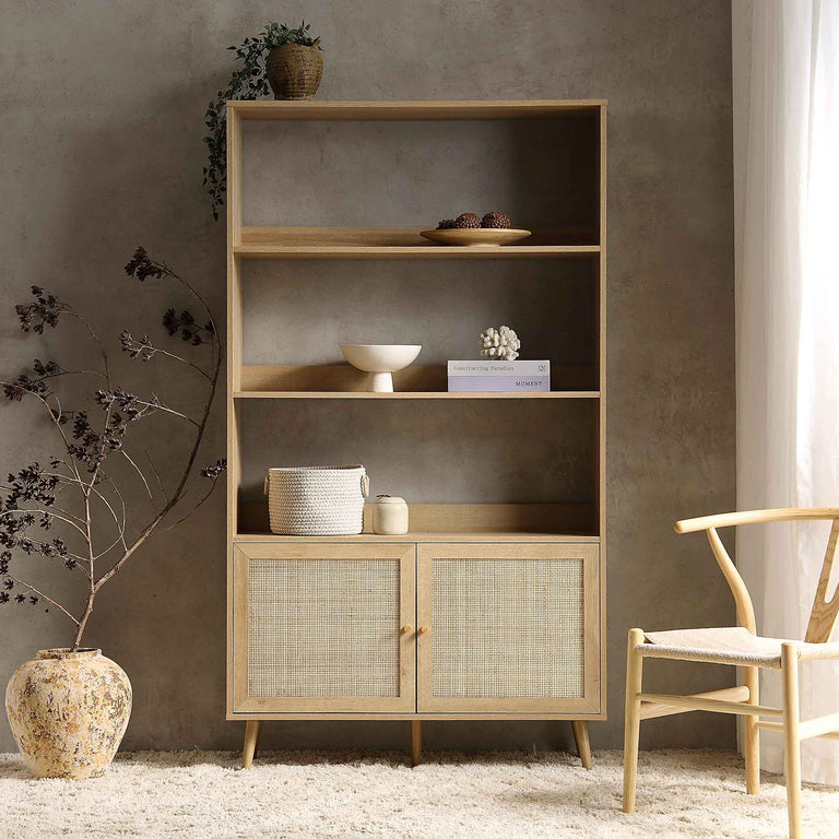 Frances Woven Rattan Tall Bookcase with Doors, Natural | daals