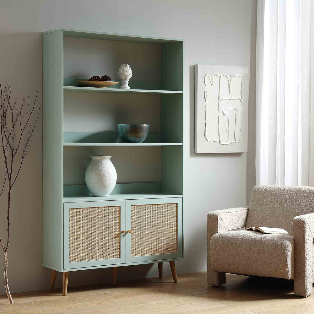Frances Woven Rattan Bookcase with Doors, Mint | daals
