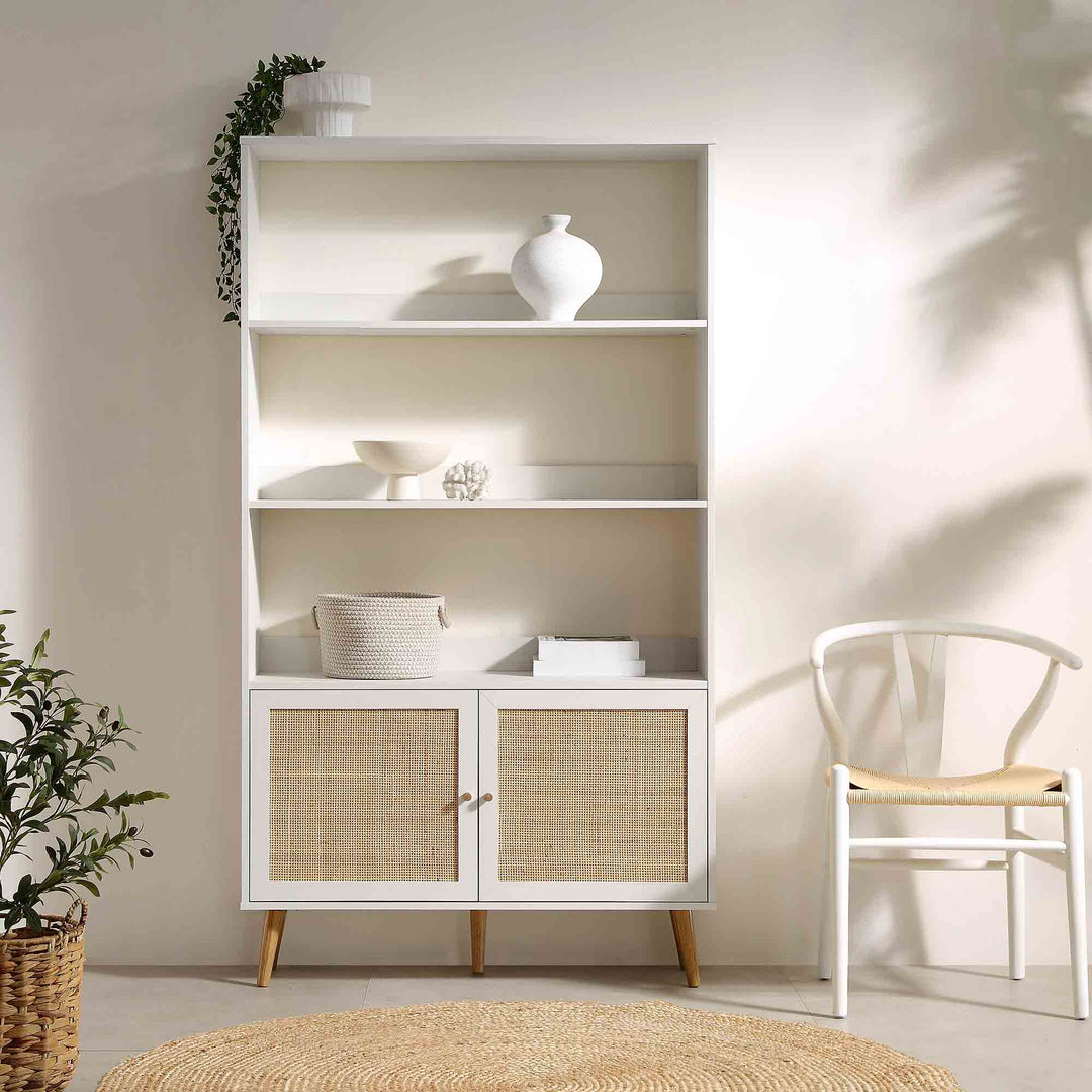 Frances Woven Rattan Bookcase with Doors, White | daals