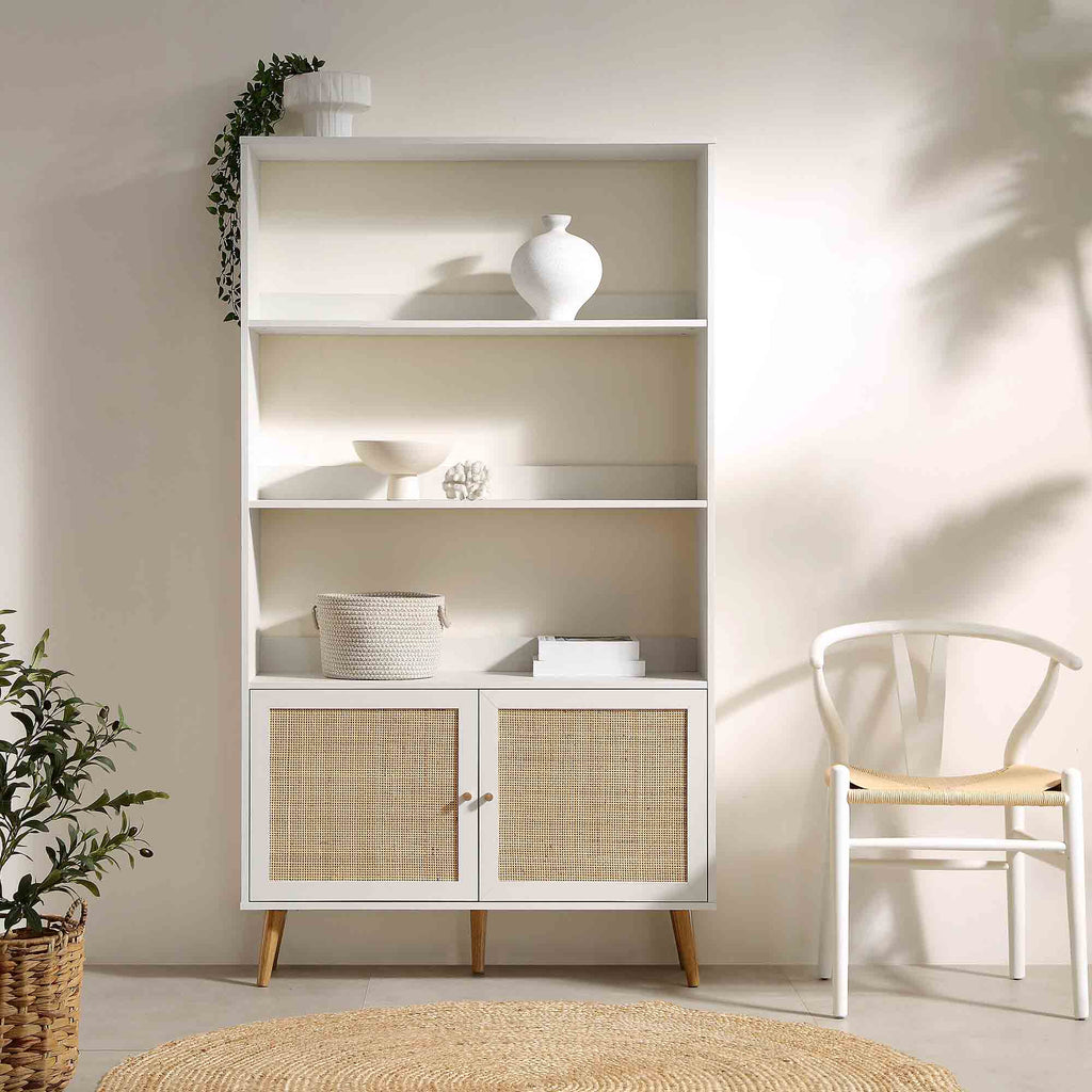 Frances Woven Rattan Bookcase with Doors, White | daals