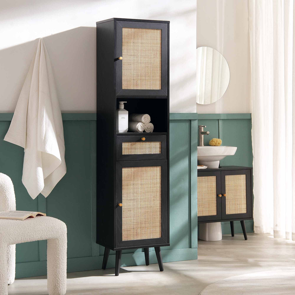 Frances Woven Rattan Tallboy Bathroom Unit, Black | daals