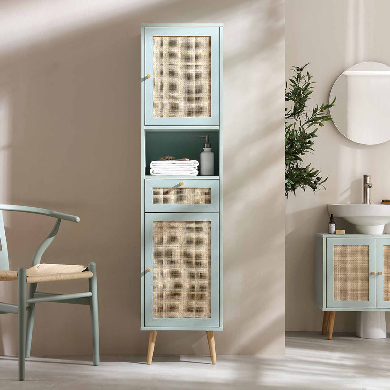Frances Woven Rattan Tallboy Bathroom Unit, Mint Green | daals