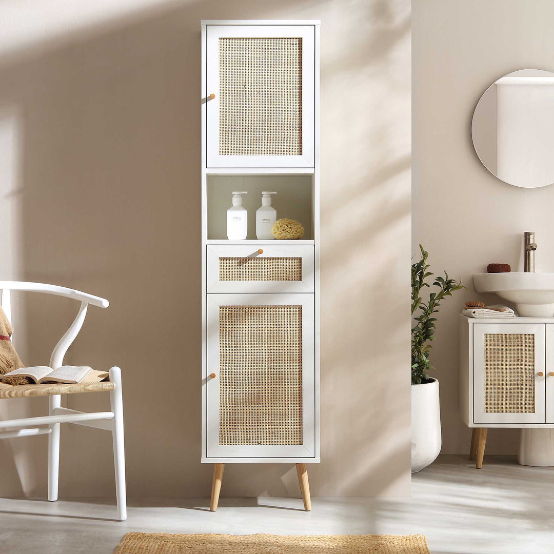 Frances Woven Rattan Tallboy Bathroom Unit, White | daals