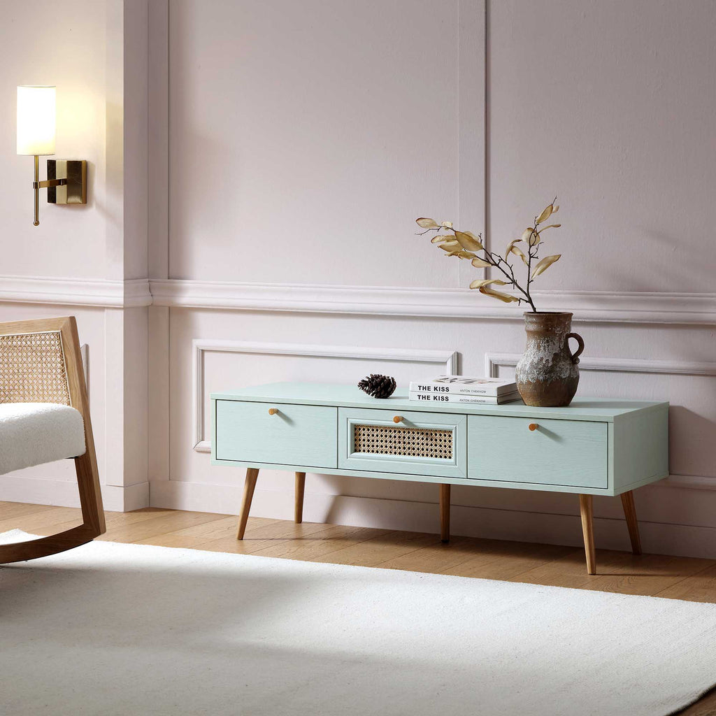Anya Woven Rattan 3-Drawer TV Unit in Mint | daals
