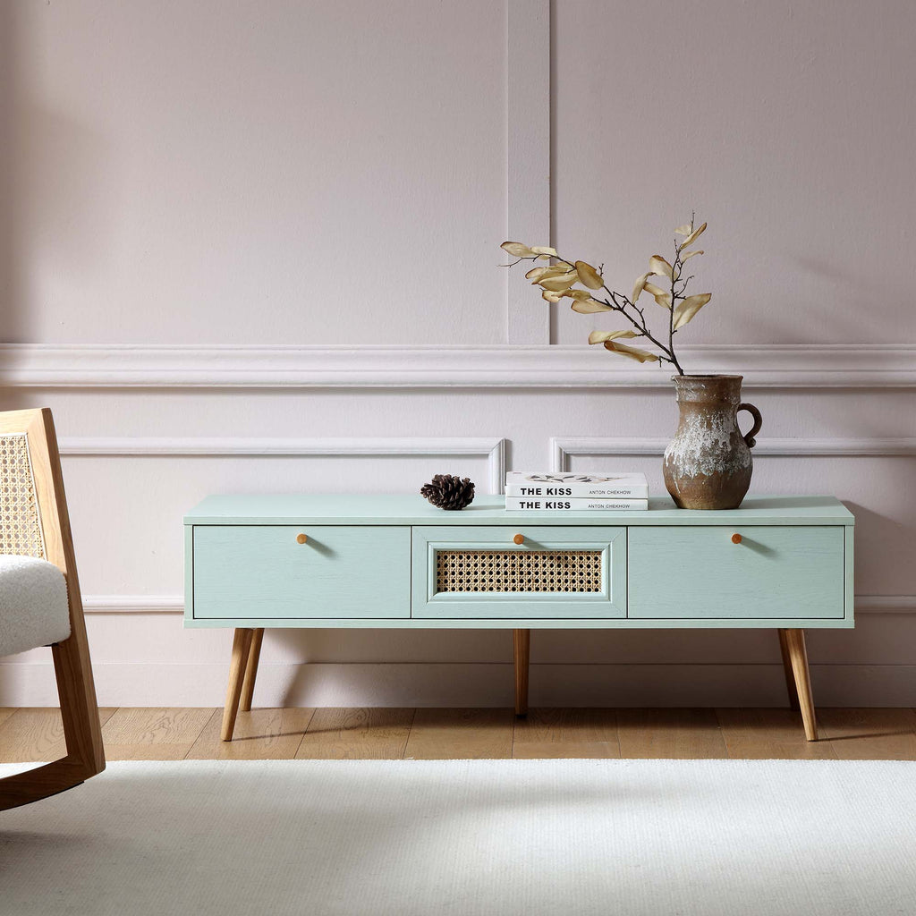 Anya Woven Rattan 3-Drawer TV Unit in Mint | daals