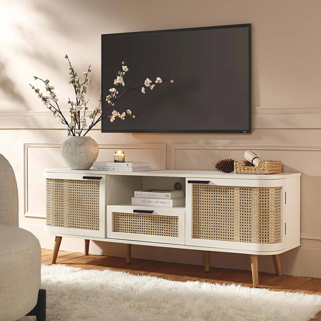Izzy Curved Rattan 150cm TV Unit, White | daals