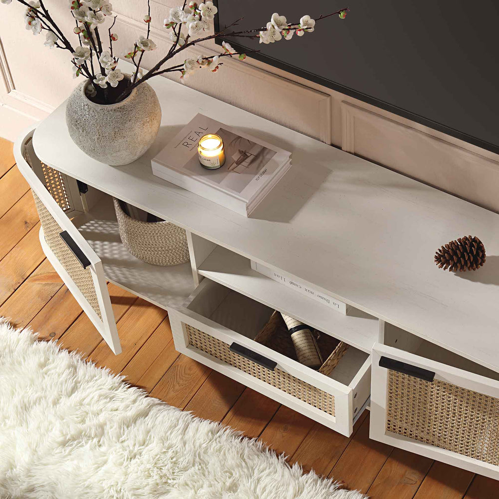 Izzy Curved Rattan 150cm TV Unit, White | daals