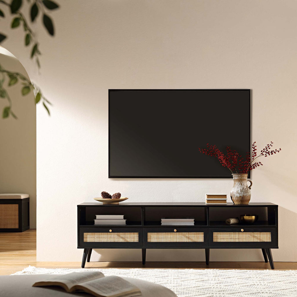 Frances Woven Rattan 160cm 3-Drawer TV Unit, Black | daals