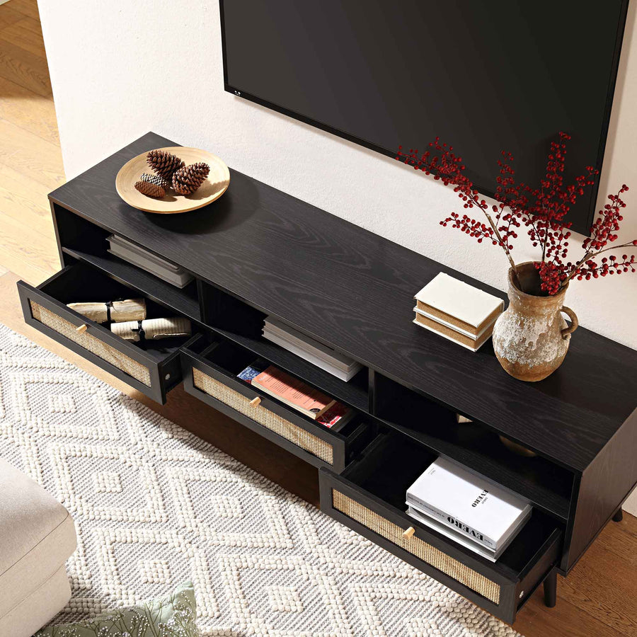 Frances Woven Rattan 160cm 3-Drawer TV Unit, Black | daals