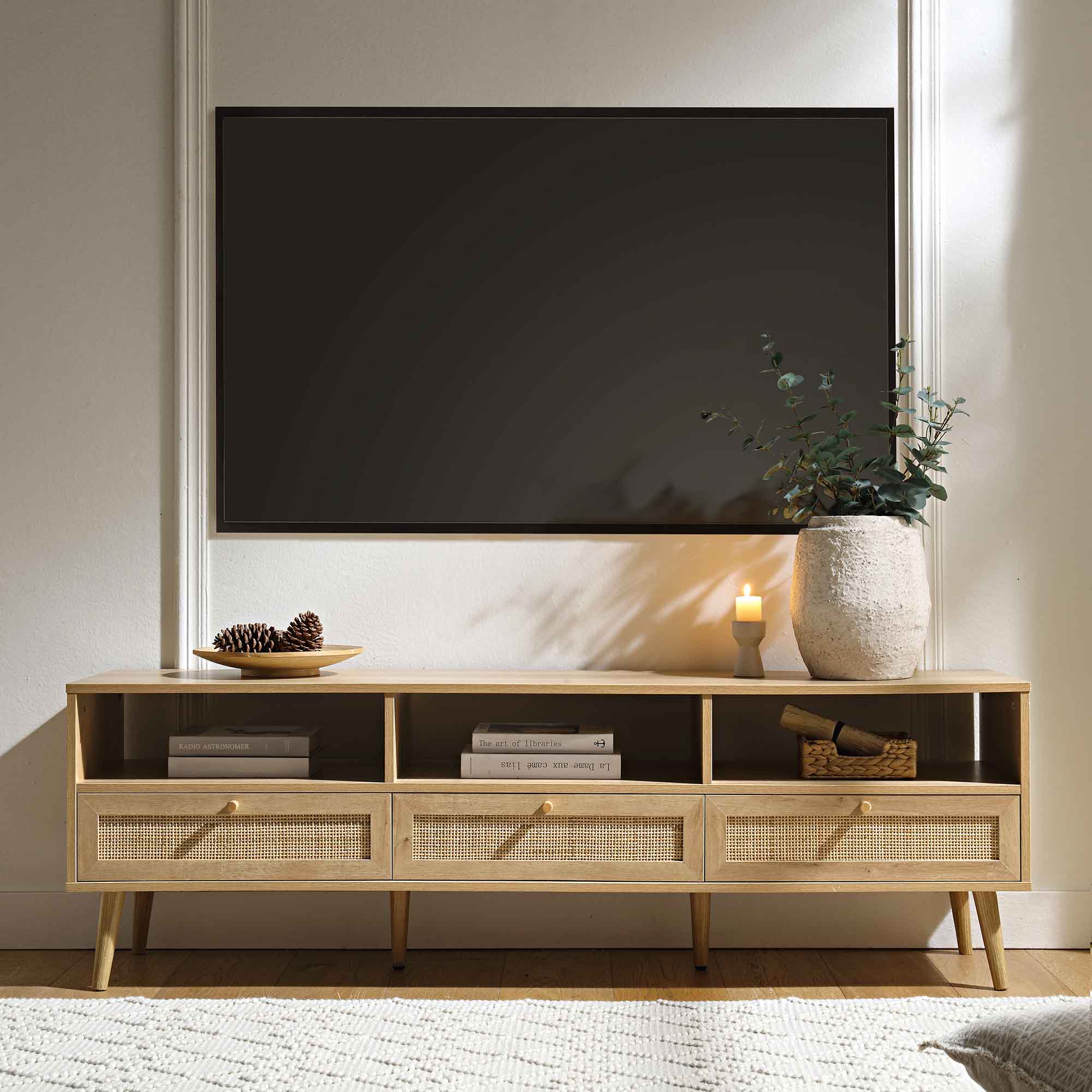 Frances Woven Rattan 160cm 3-Drawer TV Unit, Natural | daals